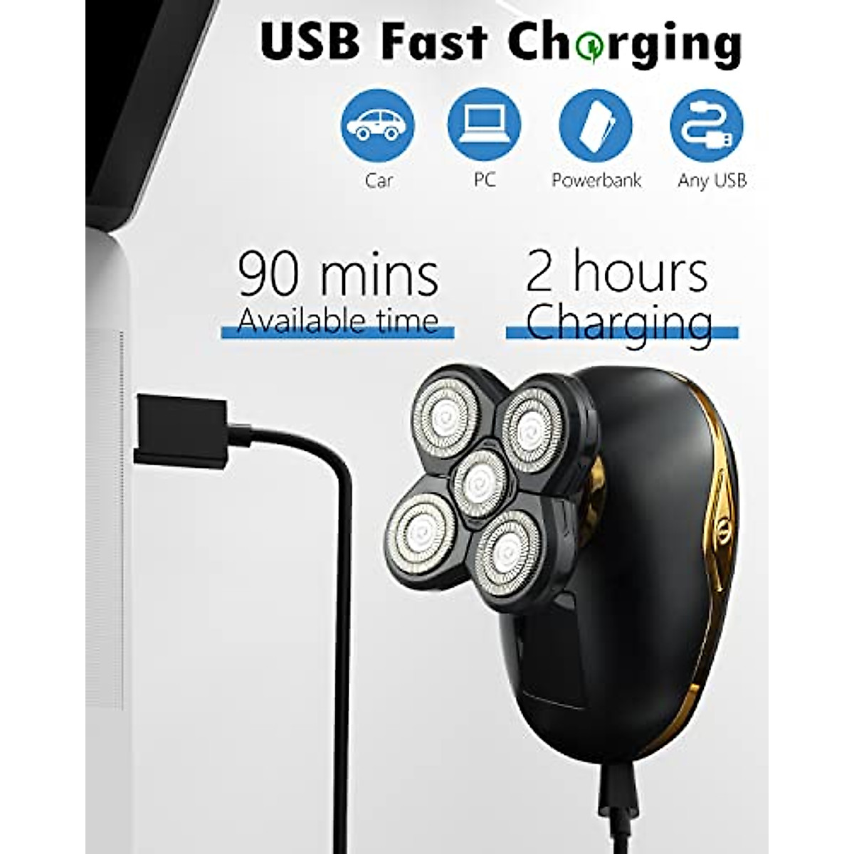 Amble 5-in-1 Electric Shavers for Bald Men Head - Waterproof, Faster-Charging, LED Display, Rechargeable, Cordless Rotary Razor - Grooming Shaver Kit - Beard Trimmer, Nose Hair& Hair Clippers