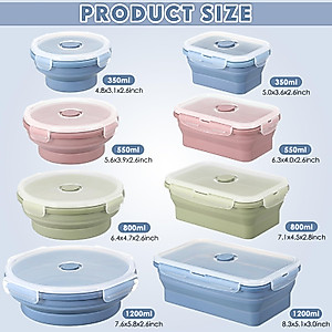 Nuanchu 8 Pcs Collapsible Food Storage Containers Silicone Airtight Collapsible Bowls with Lids Rectangular and Round Stackable Microwave Lunch Containers, Freezer, Dishwasher Safe (Blue, Pink, Green)