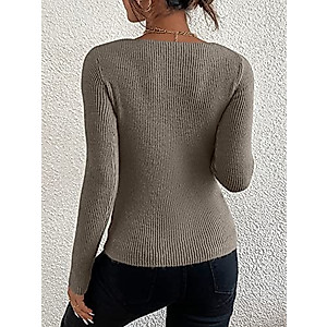 SheIn Women's V Neck Ribbed Knit Pullover Jumper Sweater Long Sleeve Slim Fit Tops Mocha Brown M