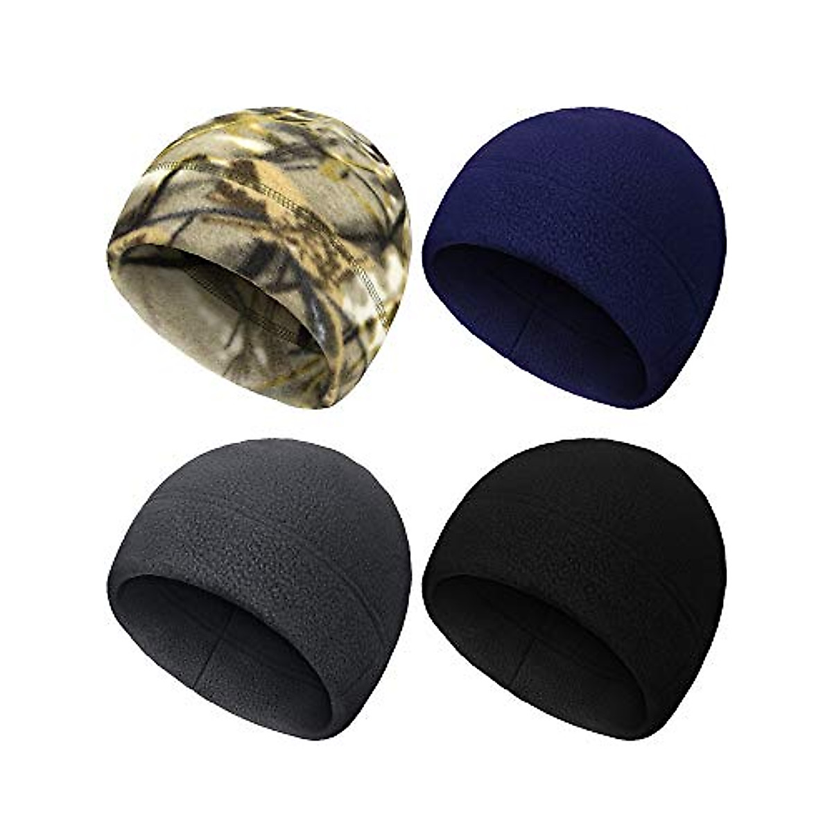 SATINIOR 4 Pieces Skull Caps for Men Women Fleece Winter Hat Warm Soft Polar Beanie Hat Thick Windproof(Black, Camouflage, Navy Blue, Grey, Large)