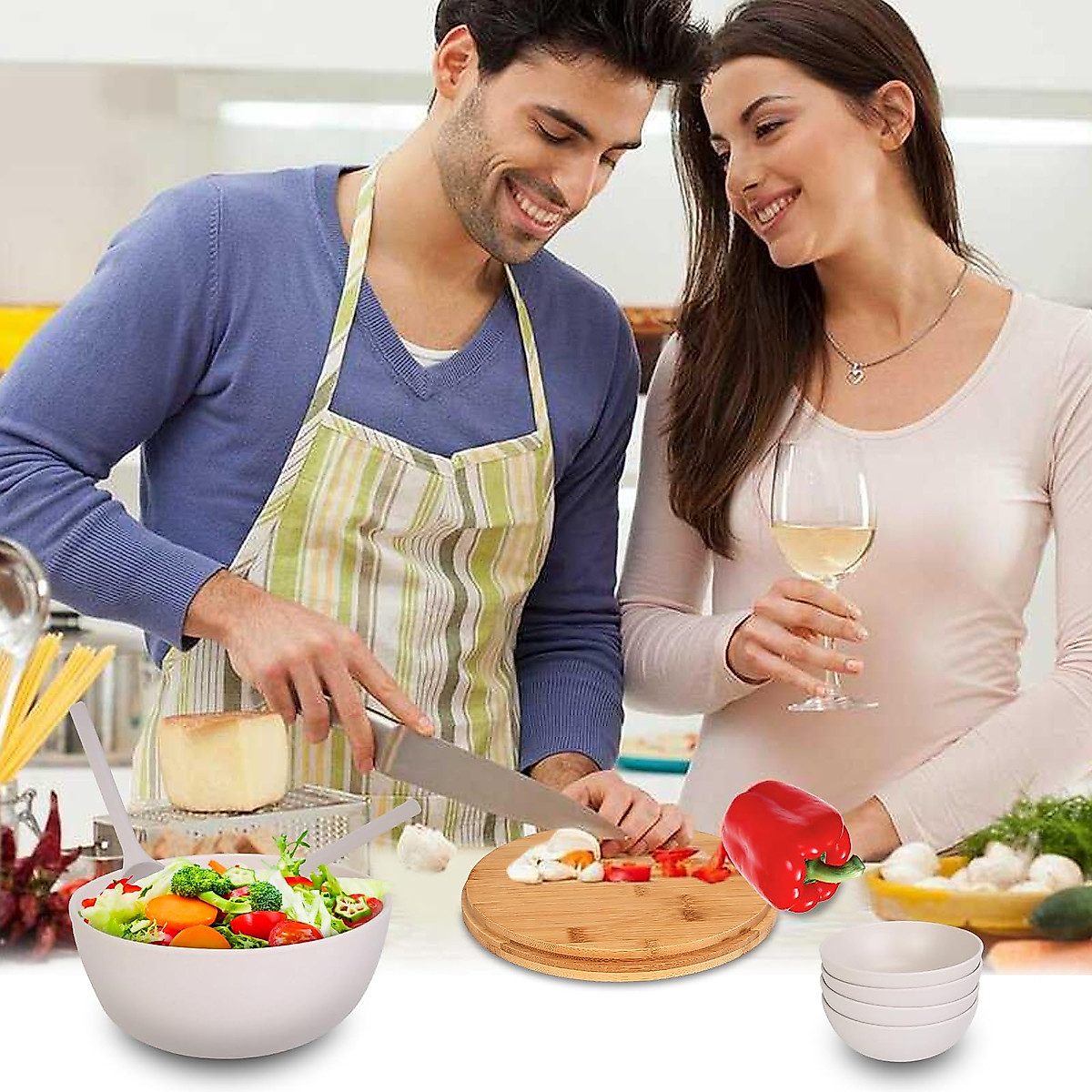 Salad Bowl with Serving Utensils, Large Salad Bowl with Wooden Lid, 9.8inch Bamboo Fiber Salad Mixing Bowl Set with Servers, Fruit Salad Bowl with 4 Small Bowls for Dessert Vegetables Pasta (White)