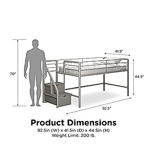 DHP Junior Twin Metal Loft Bed with Storage Steps, Multifunctional Space-Saving Solution - Silver with Gray Steps