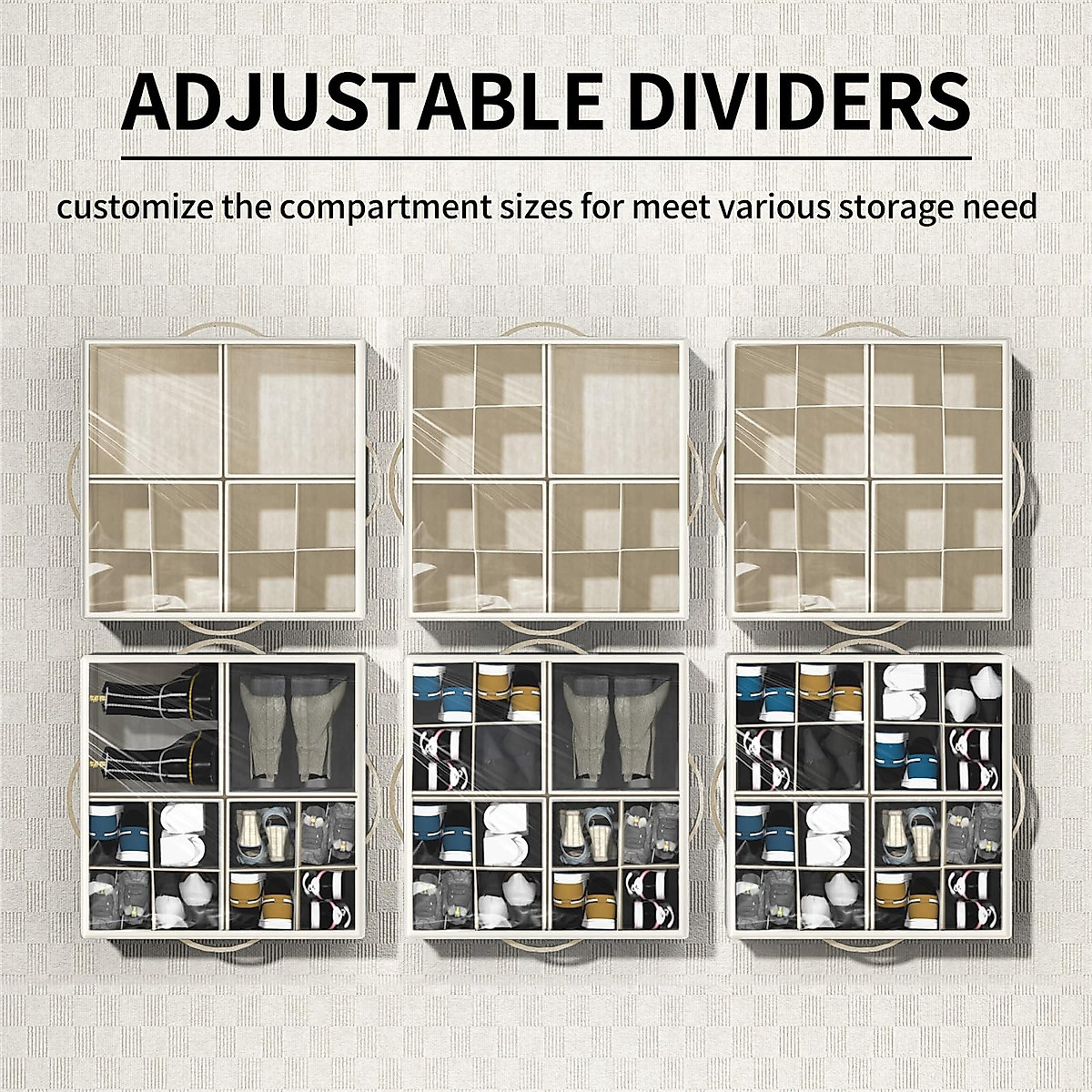 Aokeyee Shoe Organizer for Closet,Foldable Shoe Storage Organizer Box Bin w/Adjustable Dividers and Clear Cover, Fits up to 16 Pairs (Beige)