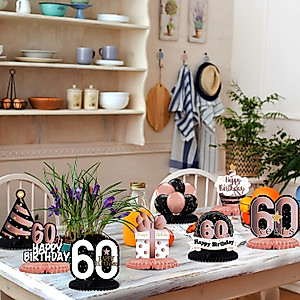 LINGTEER Happy 60th Birthday Rose Gold Table Honeycomb Centerpieces Cheers to 60th Birthday Sixty Years Old Party Table Decorations Gift Sign.