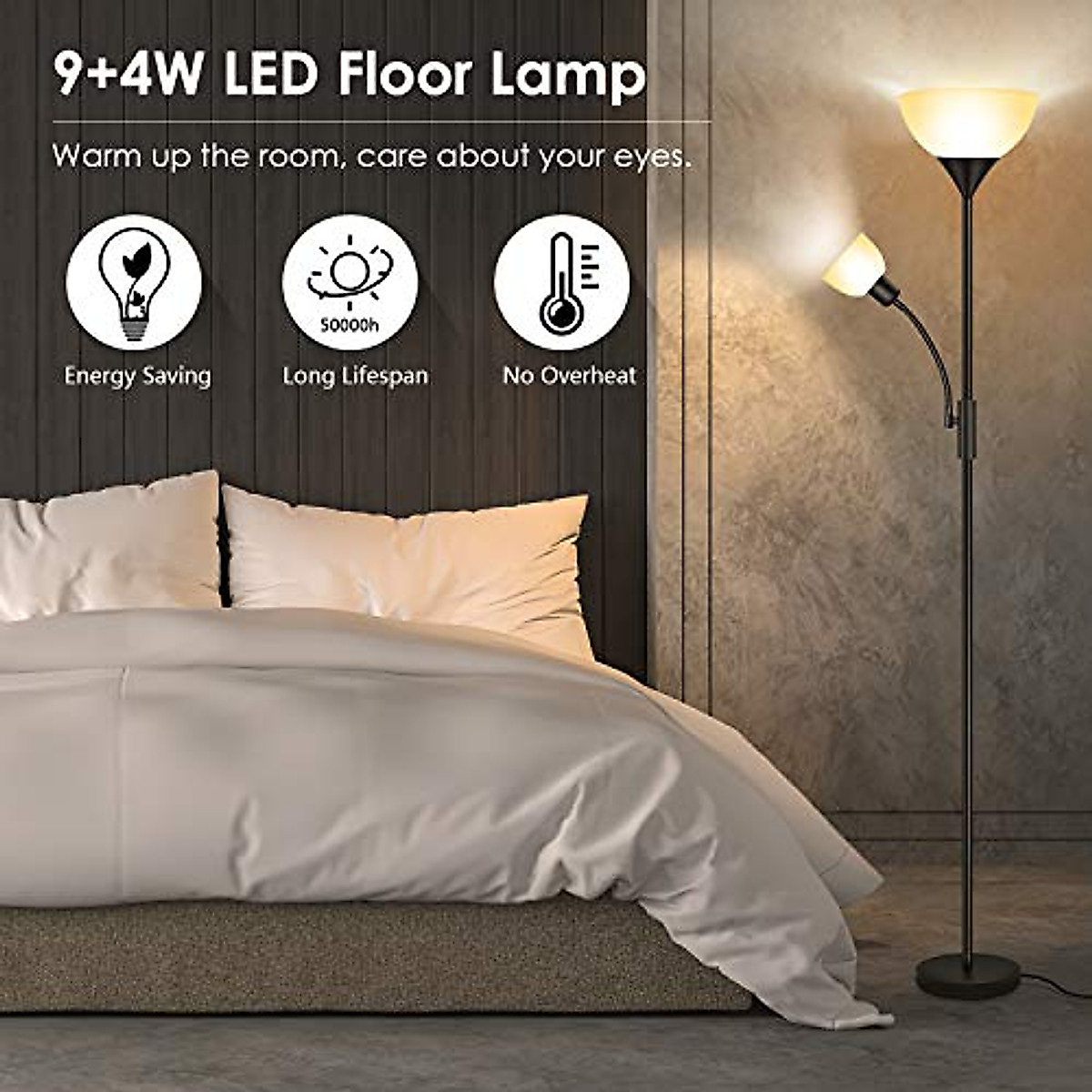 BoostArea Floor Lamp, Standing Lamp, 9W LED Torchiere Floor Lamp with 4W Adjustable Reading Lamp, 3000K Energy-Saving LED Bulbs, 3 Way Switch, 50,000hrs Lifespan, Floor Lamps for Living Room, Office