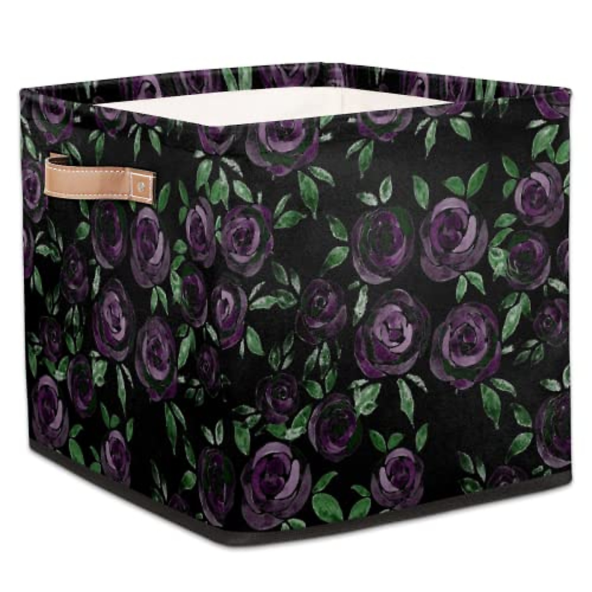 Cube Storage Bins 13 Inch Fabric Storage Basket Purple Rose Square Storage Bins Collapsible Nursery Storage Bin Organizer Basket Flower Leaf Storage Box for Shelves, Closet