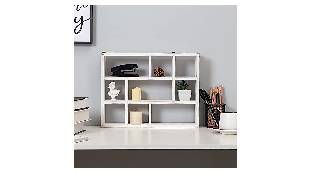BlueGift Vintage Whitewashed Shadow Box Shelf - 9 Compartments