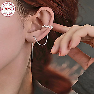 925 Sterling Silver Wave Cuff Earrings with Sparkly Cubic Zirconia Wrap Tassel Earrings for Women Dangle Earrings Threader Chain