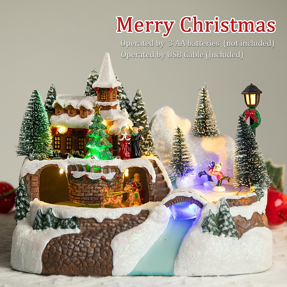 VCUTEKA Christmas Village Collectible Building - Church House with Skating Pond Lighted Musical Village Perfect Addition to Your Christmas Indoor Decorations or Holiday Displays