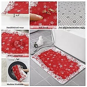 Christmas Snowflake 2PC Memory Foam Kitchen Mats Rectangle Water Absorbent Kitchen Rugs, Anti-Skid Floor Mat for Sink, Hallway 23.6x35.4in+23.6x70.9in Red White Texture Geometric Patterns