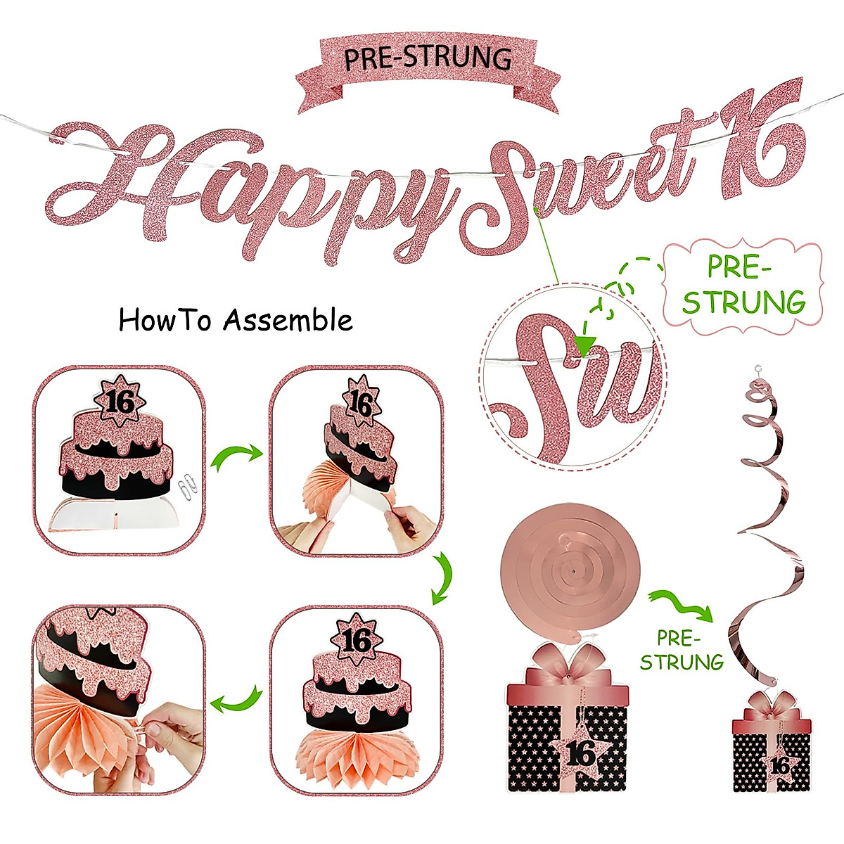 HTDZZI Sweet 16 Birthday Letter Banner Hanging Swirls Honeycomb Centerpieces Decorations Kit, Happy 16th Birthday Decorations for Girls, Rose Gold Sweet Sixteen Birthday Party Backdrop Decor Supplies