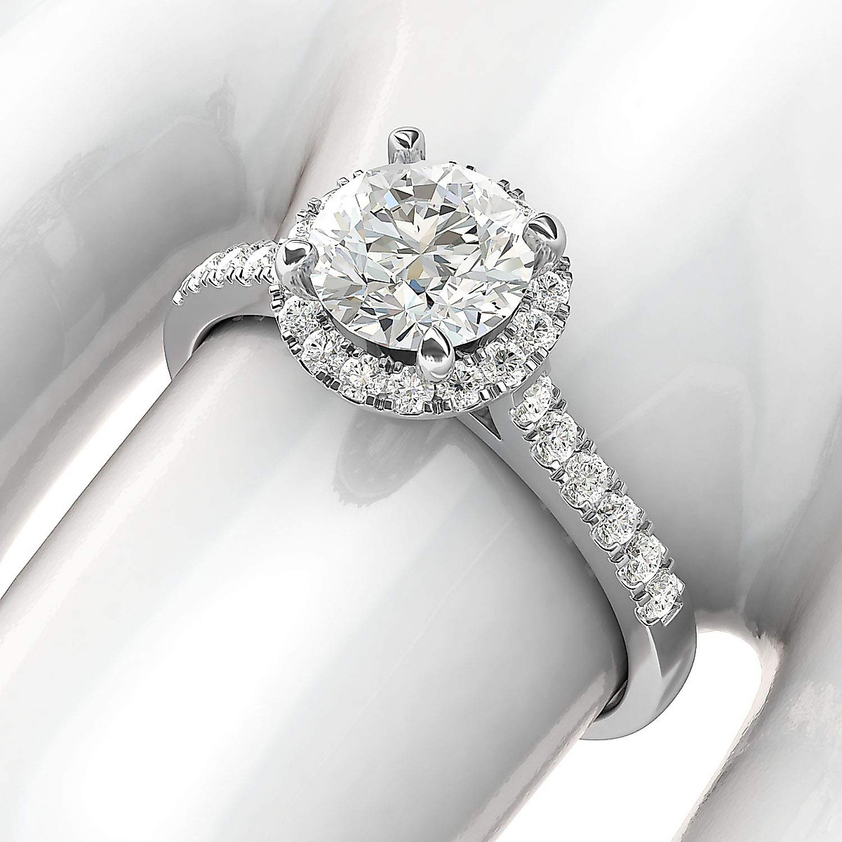 10k White Gold Classic Simulated Round Brilliant Cut Diamond Halo Engagement Ring with Side Stones (6)