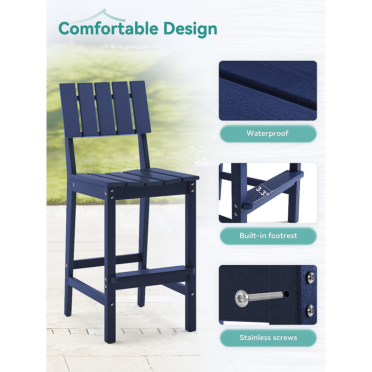 Homenjoy Patio Bar Stools Set of 2, HDPE Weather Resistant Tall Adirondack Chair, Heavy Duty Bar Height Adirondack Chairs with Footrest, 27.8 inch High Balcony Chair for Deck Pool, Navy