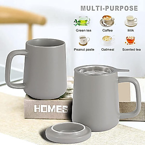 Tea Te Ching Ceramic Tea Cup - 16 Oz Tea Mug with Infuser and Lid | Stainless Steel Tea Strainer for Steeping Loose Leaf Tea | Elegant Tea Infuser Mug | Coffee Cups with a Beautiful Gift Box, Grey