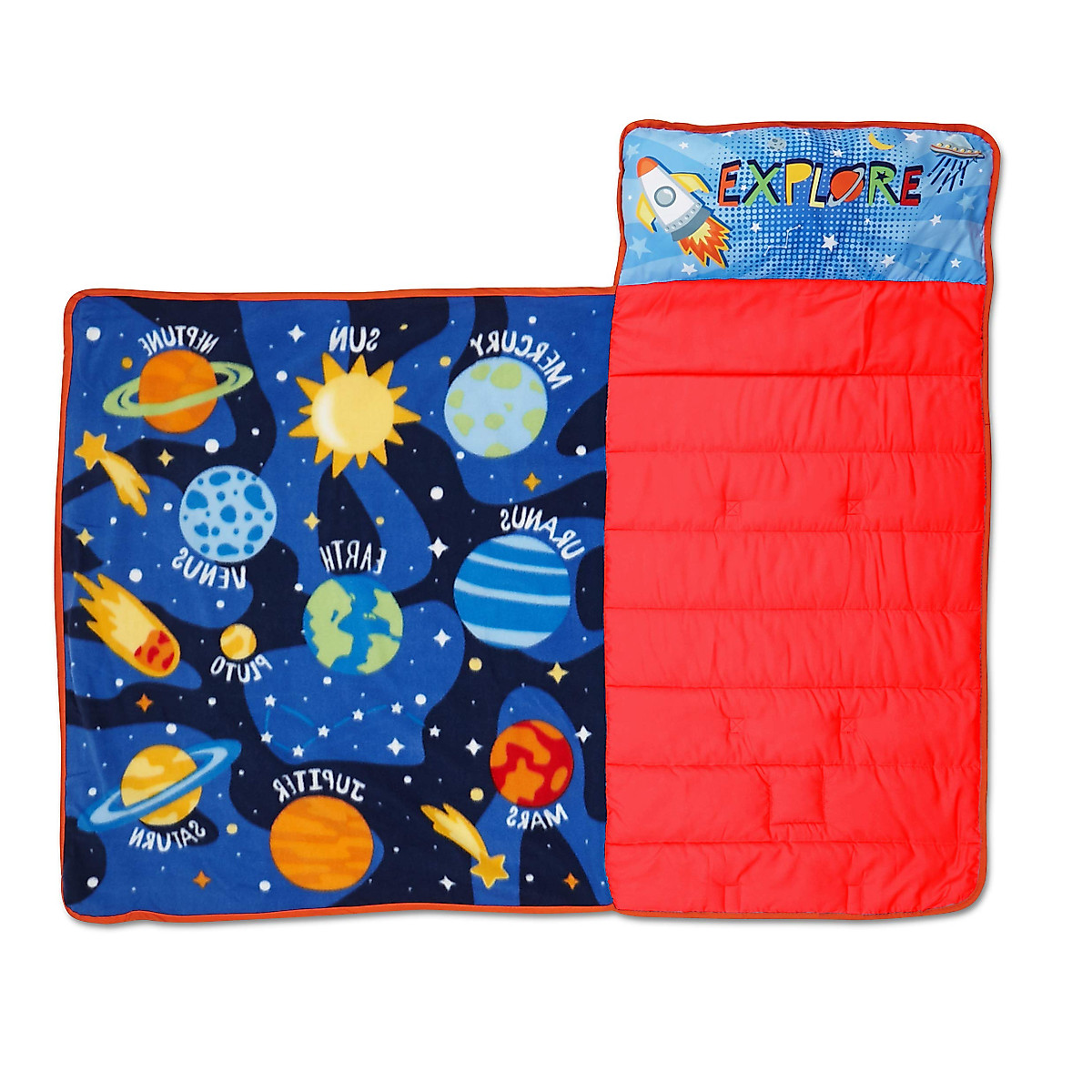Baby Boom Funhouse Explore Planets & Outer Space Kids Nap Mat Set – Includes Pillow And Fleece Blanket – Great For Boys Napping during Daycare Or Preschool - Fits Toddlers, Blue