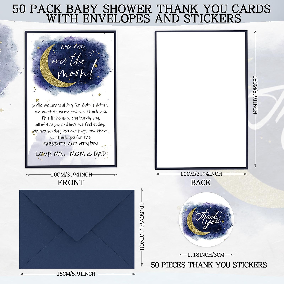 Chuangdi 50 Sets Baby Shower Thank You Cards with Envelopes and Sticker 50 Baby Shower Appreciation Cards Baby Shower Card Greeting Cards Gratitude Card Gift for Guest Baby Shower(Star)