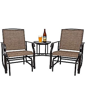 3 in 1 Outdoor Glider Chairs with Table, 1.65" Umbrella Hole Mesh Fabric Patio Loveseat Double Glider Rocker Chair and Center Tempered Glass Table for Garden, Poolside, Balcony