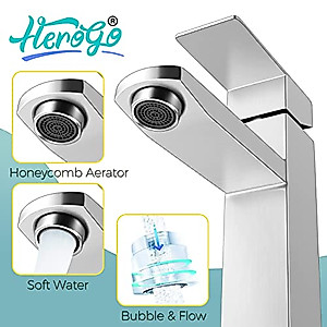 Herogo Brushed Nickel Bathroom Faucet, Stainless Steel Bathroom Sink Faucets with Brass Pop-up Sink Drain Stopper & Deck Plate 1 or 3 Hole, Single Handle RV Lavatory Faucet with 2 Water Hoses