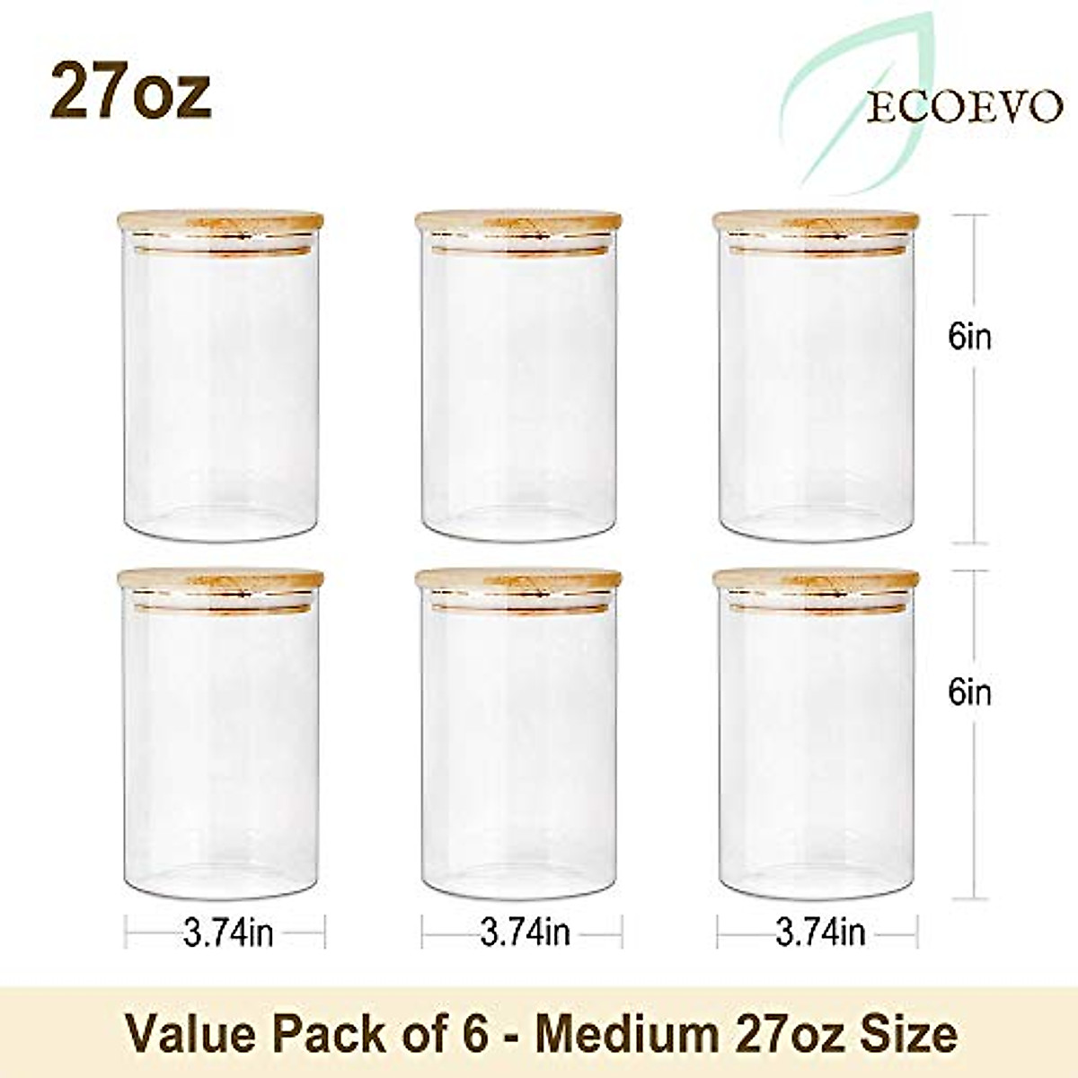 EcoEvo Glass Jars with Bamboo Lids (27oz in 6 Pack), Glass Food Jars and Canisters Sets, Glass Food Storage Jars with Airtight Lids, Glass Canisters with lids, Glass Pantry Jars, Glass Jars with Lids.