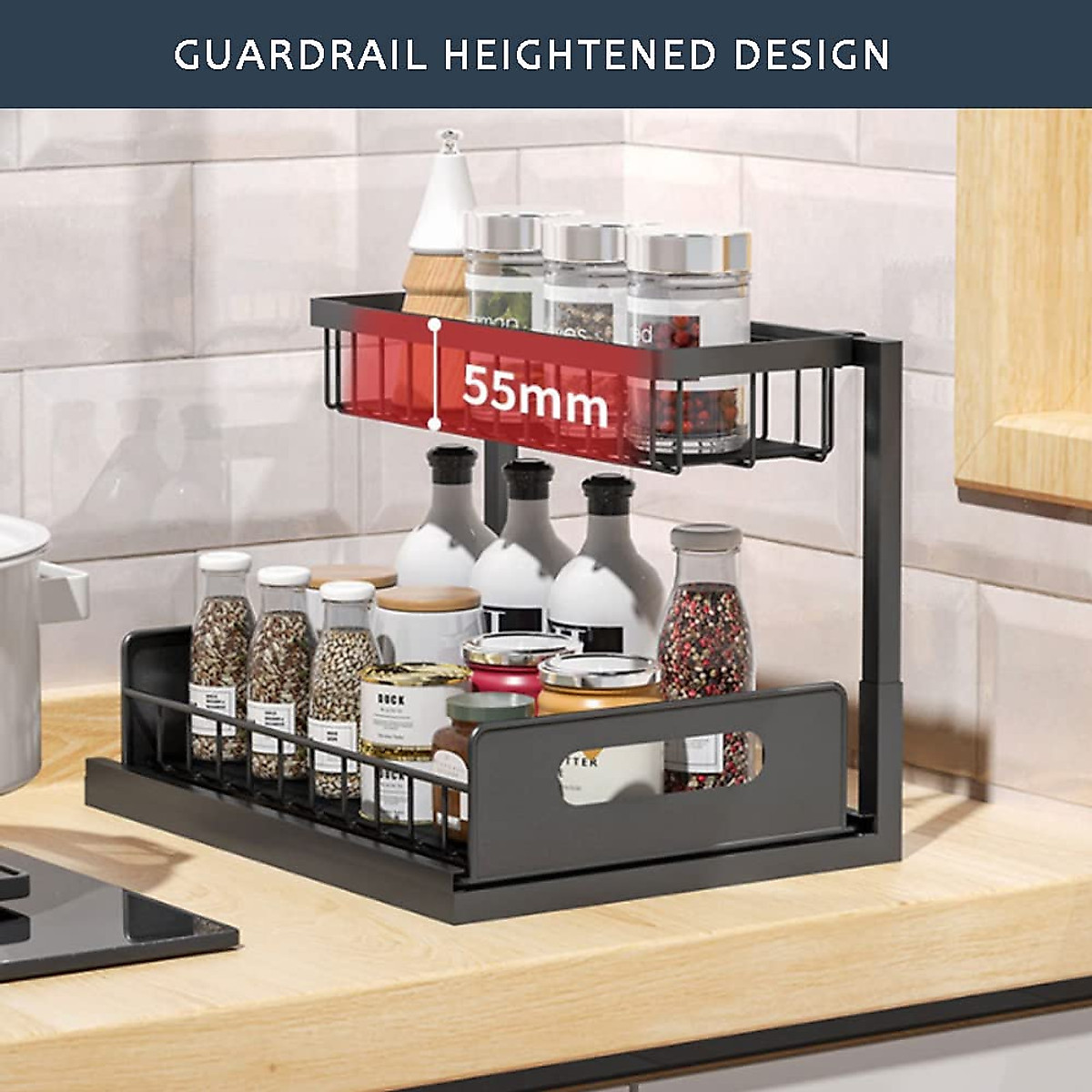 Knownyou Under Sink Storage, Pull Out Cabinet Organizer, 2 Tier Slide Out Sliding Shelf for Kitchen Bath (Black)