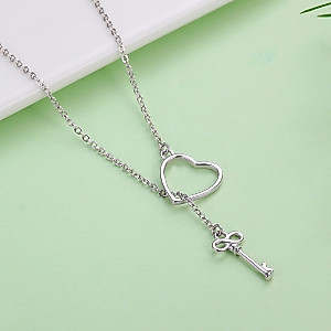 Presentski 925 Sterling Silver Y Lariat Necklace Chain Valentines Day Jewelry with Infinity Key Pendant,Love Heart Necklaces for Women Daughter