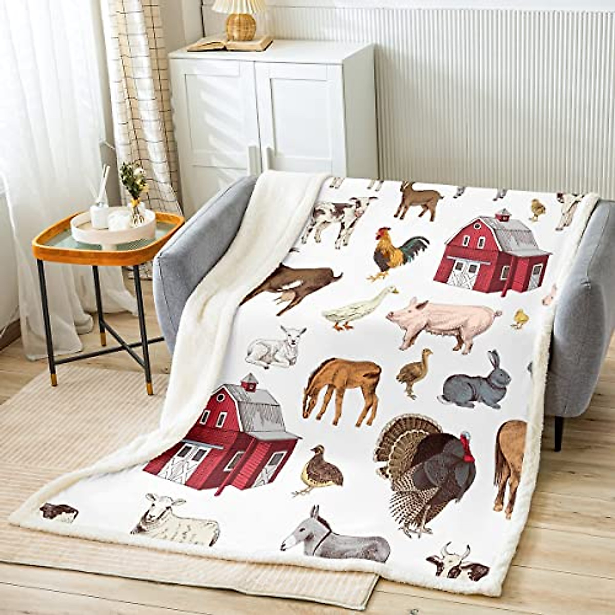 Farm Animals Fleece Blanket Rustic Farmhouse Blanket for Boys Girls,Horse Chicken Cock Rooster Bull Cattle Cow Throw Blanket Country Style Fuzzy Blanket 40"x50",Sheep Pig Duck Donkey Goose Room Decor