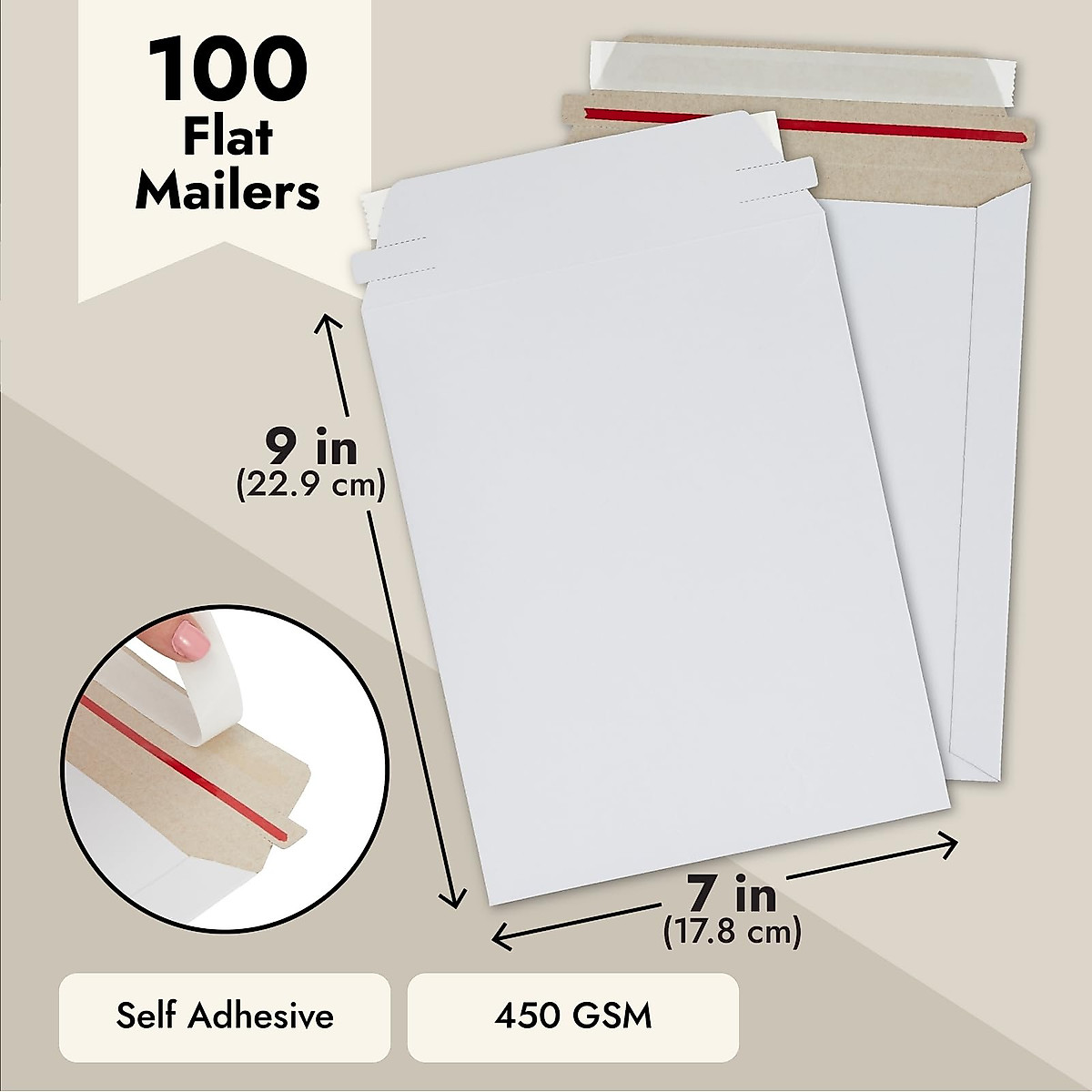100 Pack 7x9 Rigid Cardboard Mailers That Stay Flat, Self Adhesive Photo Envelopes for Shipping Documents, Bulk (White)