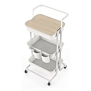 DTK 3 Tier Utility Rolling Cart with Cover Board, Rolling Storage Cart with Handle and Locking Wheels Kitchen Cart with 2 Small Baskets and 4 Hooks for Bathroom Office Balcony Living Room(White)