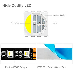 BTF-LIGHTING 5050 RGBW RGB+Cool White(6000K-7000K) 4 Colors in 1 LED 5m 16.4ft 60LEDs/m Multi-Colored LED Tape Lights IP30 Non-Waterproof Black 12mm PCB DC24V for Bedroom Kitchen Home Decoration