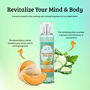 Cucumber Melon Fine Fragrance Body, Womens Perfume Fragrance Body Mist & Sprays, Women's Refreshing Scented Gifts & Presents 8 oz Fine Mist Spray Bottle
