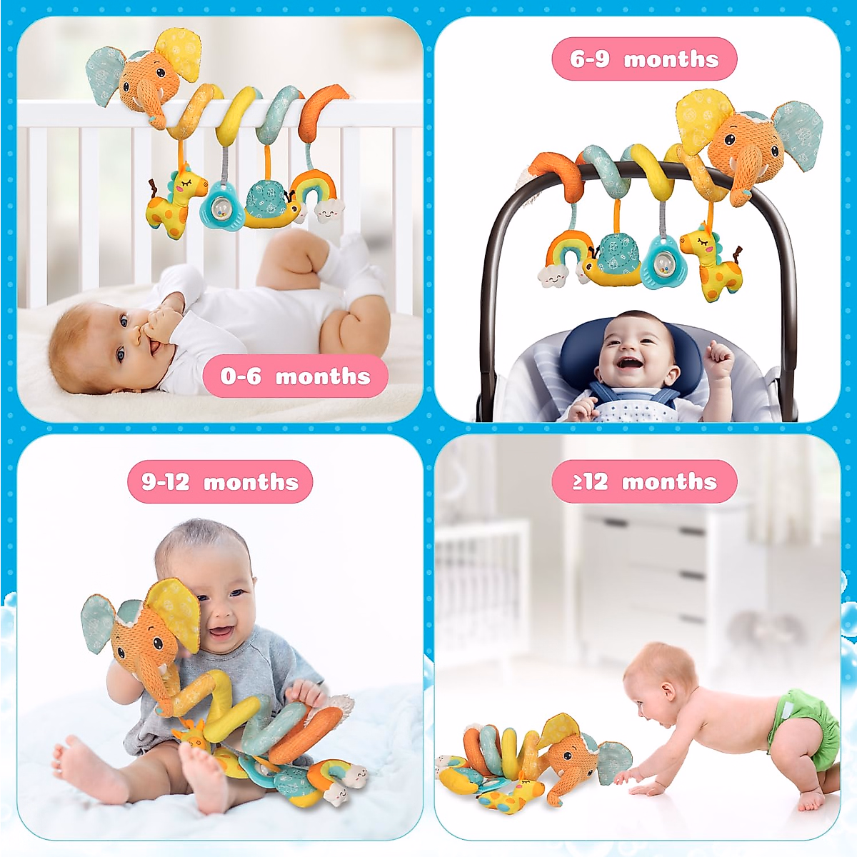 EverLove Spiral Car Seat Toys - Hanging Toys - Stroller Toys for Babies - Best Gift for 0 3 6 9 12 Months Baby (Colorful Elephant)