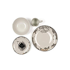 Harry Potter Marauder's Map Porcelain 4 Piece Place Setting - Gold Marauders Map Design - Includes 1 Dinner Plate, 1 Salad Plate, 1 Bowl and 1 Mug - Great Gift for Any Harry Potter Fan