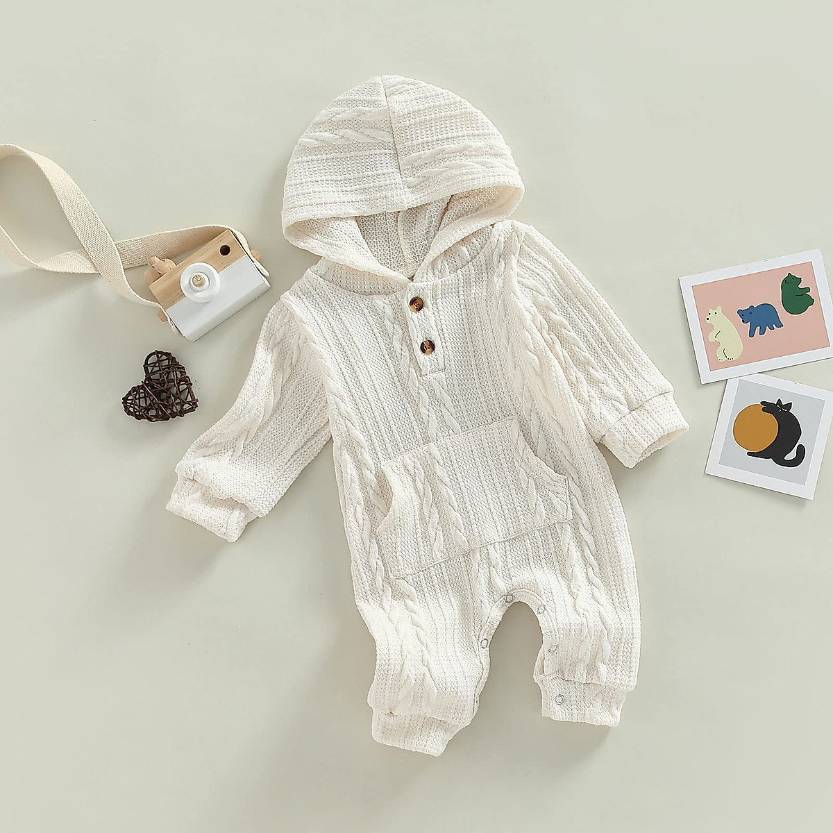 Infant Boys Girls Knit Sweater Romper Baby Toddlers Long Sleeve Hooded Button Up Winter Outfits with Pocket (White, 0-3 Months)