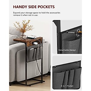 Evermagin C Shaped End Table with Charging Station, Small Side Table for Recliner, Over Couch Table with Outlet and Storage Bag, Slide Under Sofa Tray Table for Living Room, Bedroom, Rustic Brown
