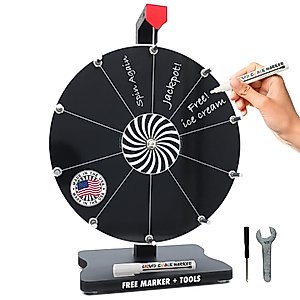 Whirl of Fun 12 inch Black Prize Wheel - Spinning Wheel for Prizes with Stand, 10 Slots, Customize Erasable Dry Erase Surface, Portable, Tools Included, Made in USA