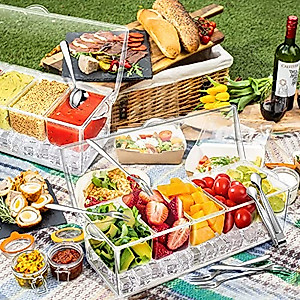 [Stainless Steel] 5 Spoons, 5 Forks and 1 Clip, Condiment Tray, Condiment Server, Caddy, Bar Garnish Holder on ice,Bar Accessories Fruit and Salad with Removable Trays with lid