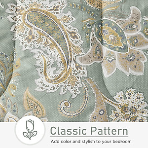 ATsense Paisley Comforter Set King, All Season 3-Piece 100% Cotton Fabric, Soft Microfiber Filled Bedding, Lightweight Reversible Duvet Insert (Sage Green, MEZY)