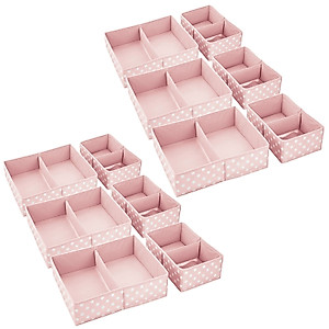 mDesign Fabric Drawer Organizer Bins, Kids/Baby Nursery Dresser, Closet, Shelf, Playroom Organization, Hold Clothes, Toys, Diapers, Bibs, Blankets, Set of 2, 6 Pack, Pink/White Polka Dot