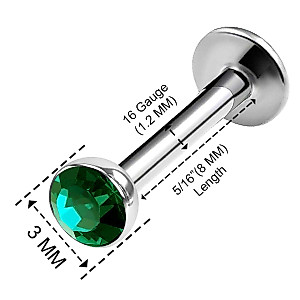 BanaVega 2PCS Surgical Steel Labret 16 gauge 5/16 8mm 3mm Emerald Crystal Tragus Lobe Earrings Monroe Piercing Jewelry 0855