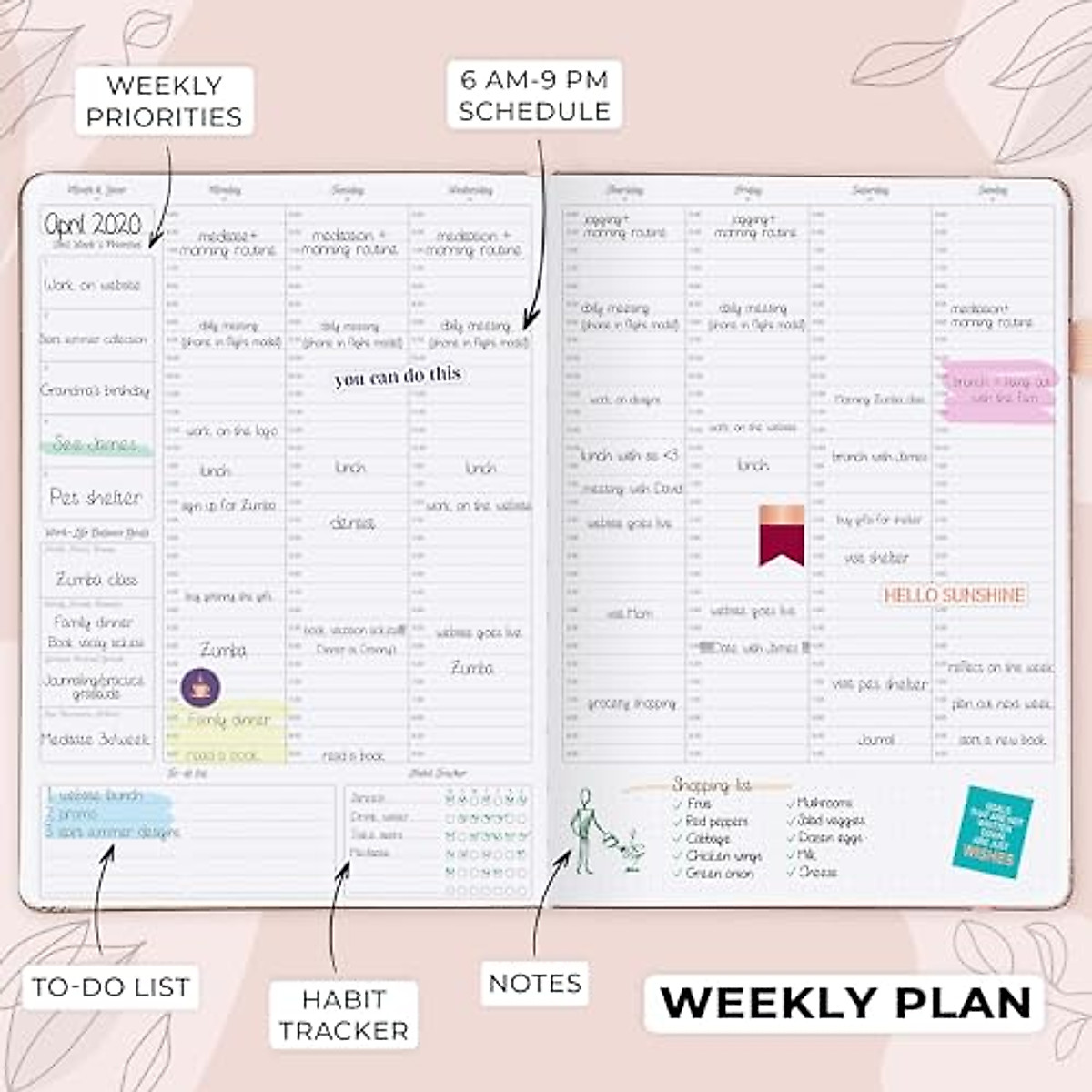 GoGirl Planner PRO Schedule - Undated Planner with Hourly Time Slots, Monthly, Weekly & Daily Organizer, Appointment Book for time Management, 7"x10" Hardcover, Lasts 1 Year - Rose Gold