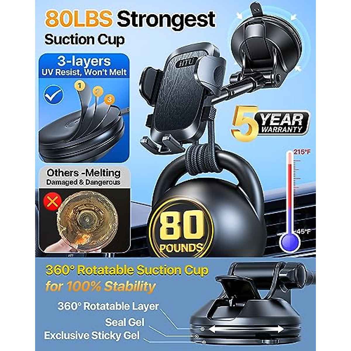 Phone Holders for Your Car [88 LBS Super Heavy Duty] Suction Cup Phone Holder Windshield/Dashboard/Window, Universal Car Phone Holder Mount, Compatible with iPhone, Samsung & Other Cellphone,Black