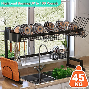 ADBIU Over The Sink Dish Drying Rack (Expandable Height and Length) Snap-On Design 2 Tier Large Dish Rack (24" - 35.5"(L) x 12.1"(W) x 19" - 22"(H))