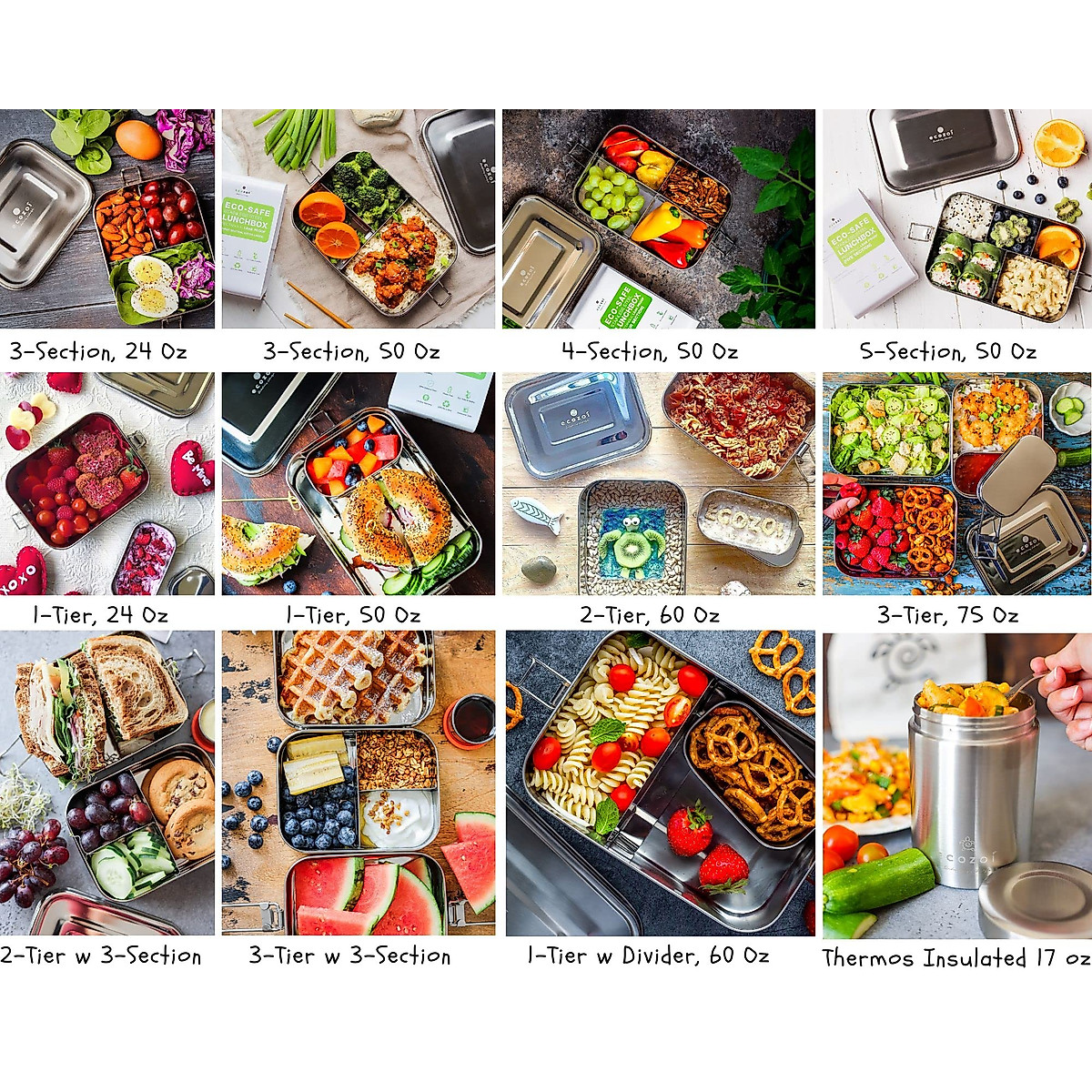 ecozoi Stainless Steel Lunch Box, 3-Tier Leak Proof Stackable Lunch Container Convertible to 1-Tier, With sauce Container and Silicone Band, Eco Friendly Bento Box Family Friendly (70 oz)