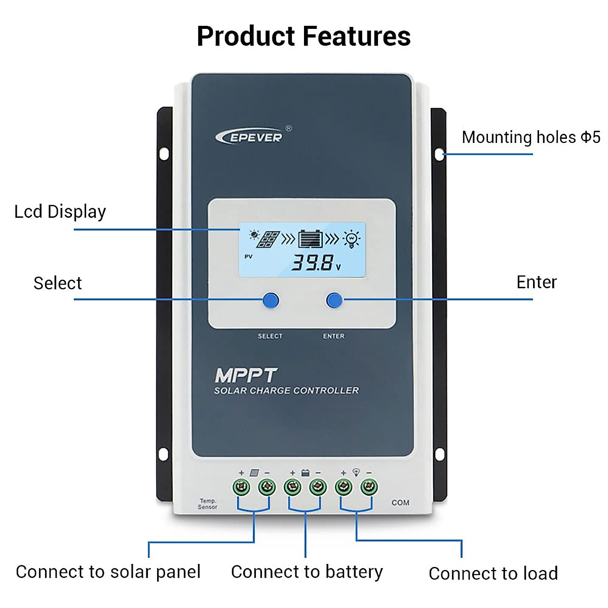 EPEVER 20A Solar Charge Controller MPPT 12V / 24V Auto Max.PV 100V Input Negative Ground Solar Panel Charge Regulator with MT50 Remote Meter Temperature Sensor RTS & PC Communication Cable RS485