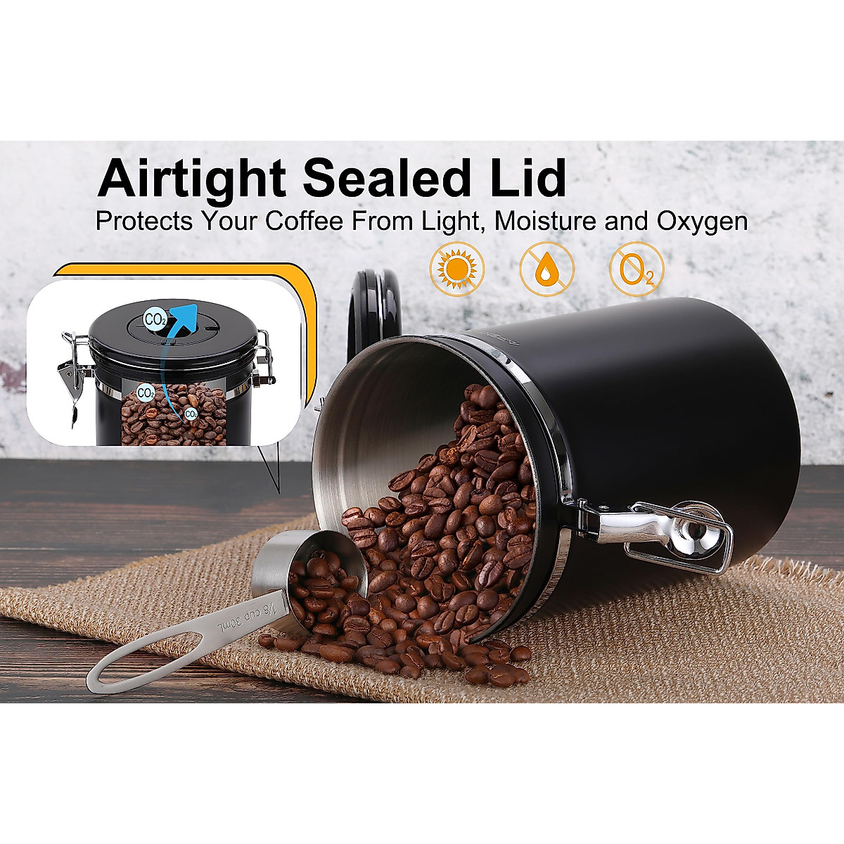 Apexstone Coffee Canister Black Large, Coffee Storage Airtight Canister with Scoop, Airtight Coffee Canister With Scoop(22 oz), Coffee Canister Stainless Steel Storage Container with Date Tracker