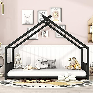 SIYSNKSI Full Size House Bed, Metal Floor Bed Frame with Roof and Sturdy Slat Support, Platform Bed for Kids Teens Girls Boys Bedroom Furniture, No Box Spring Needed (Black + Metal-C36)