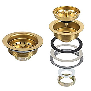LQS Kitchen Sink Drain Assembly, Sink Drain Basket Strainer 304 Stainless Steel with Removable Sink Strainer Basket and Stopper 3-1/2-inches Gold