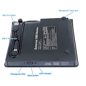 USB 3.0 & USB-C 2in1 Portable External DVD CD Player Optical Drive, for Acer Spin 1 3 5 7 SP111-33-p88s TouchScreen Convertible Switch 3 5 7 10 Laptop, Dual Layer 8X DVD+-R RW DL 24X CD-R Burner Black