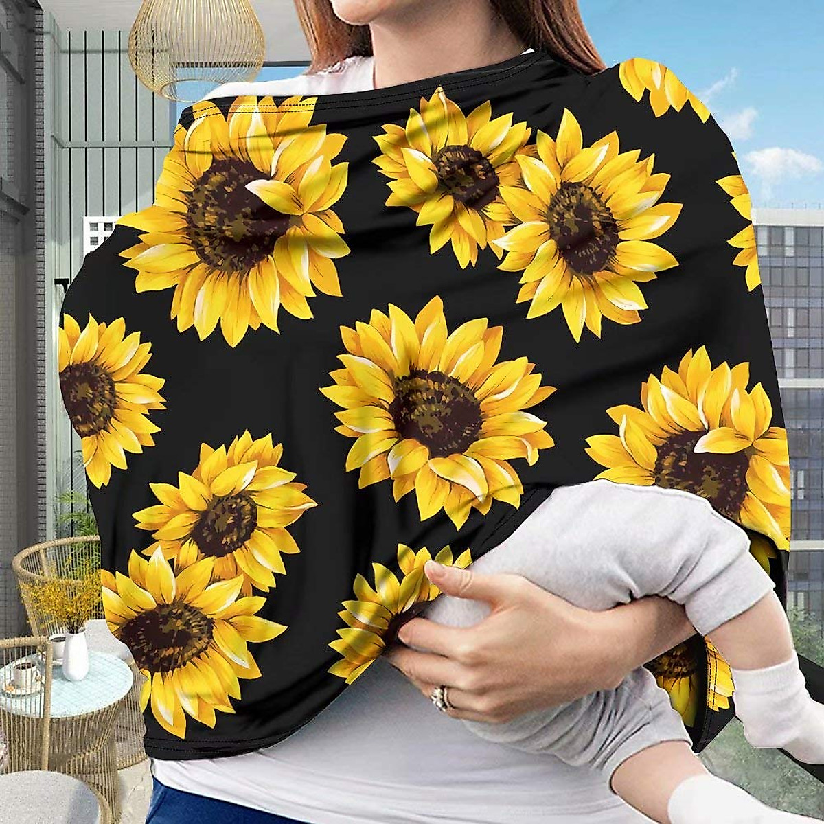 GIFTPUZZ Sunflower Baby Car Seat Covers Infant Carseat Canopy for Boys Girls Stretchy Breathable Adjustable Stretchy Universal Fit Infant Newborn Car Cover Protection Black Yellow