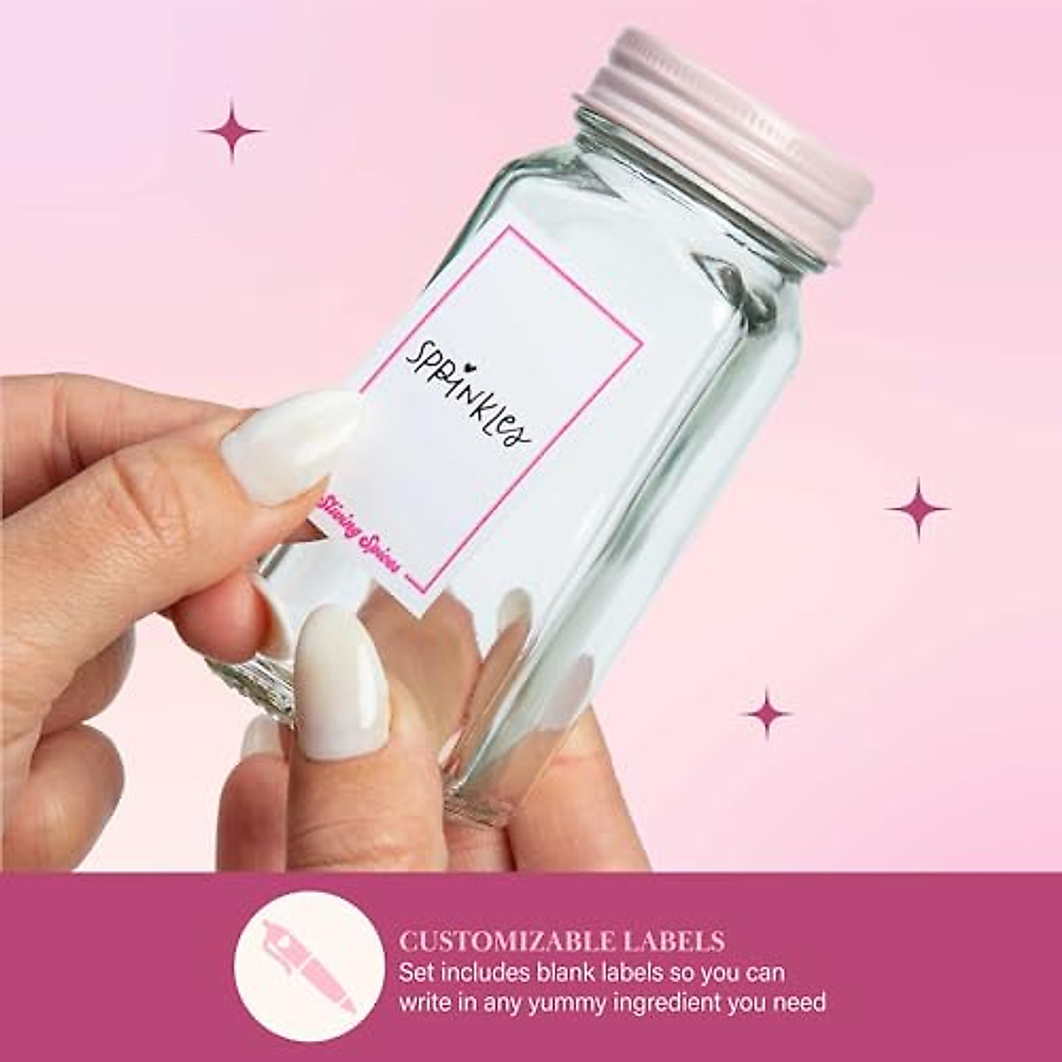 Paris Hilton Glass Spice Jar Storage Set, 4-Ounce Empty Spice Jars with Labels, Shaker Caps and Metal Lids, Collapsible Funnel Included, 20-Piece, Pink